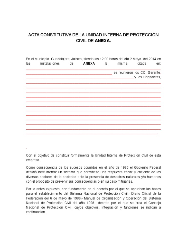 Acta Constitutiva de La Unidad Interna de Protección Civil de Anexa. | PDF