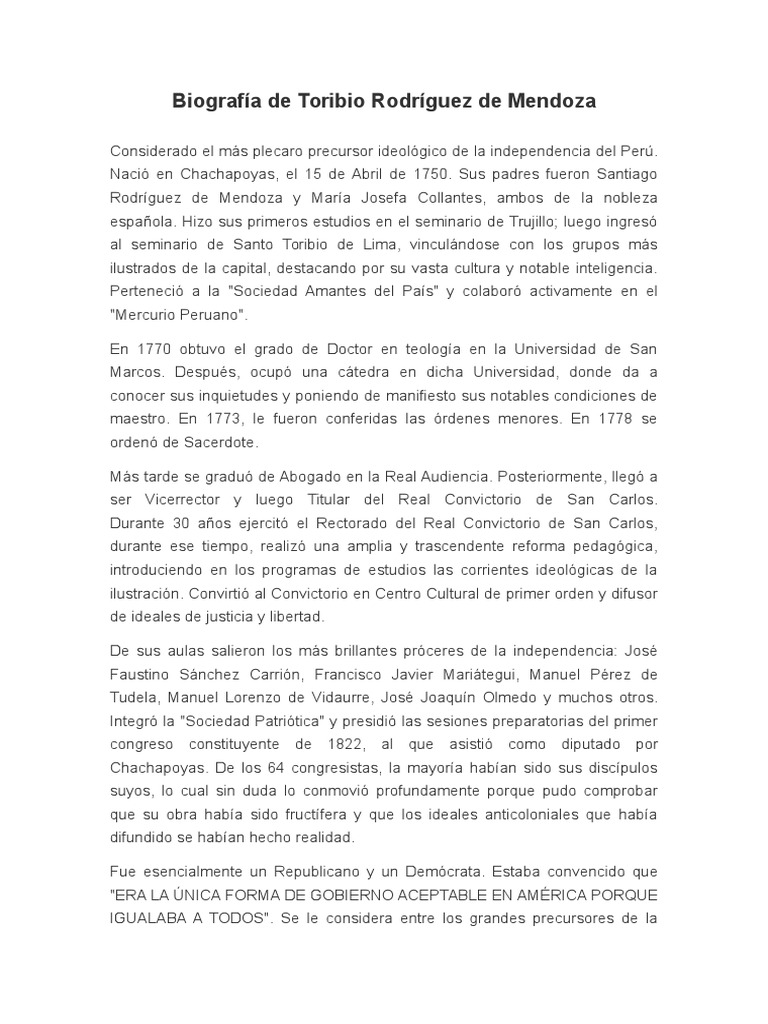 Biografía de Toribio Rodríguez de Mendoza | PDF | América del Sur ...
