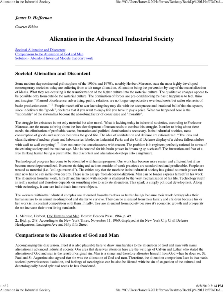 Alienation in The Advanced Industrial Society | PDF | Marx's Theory Of ...