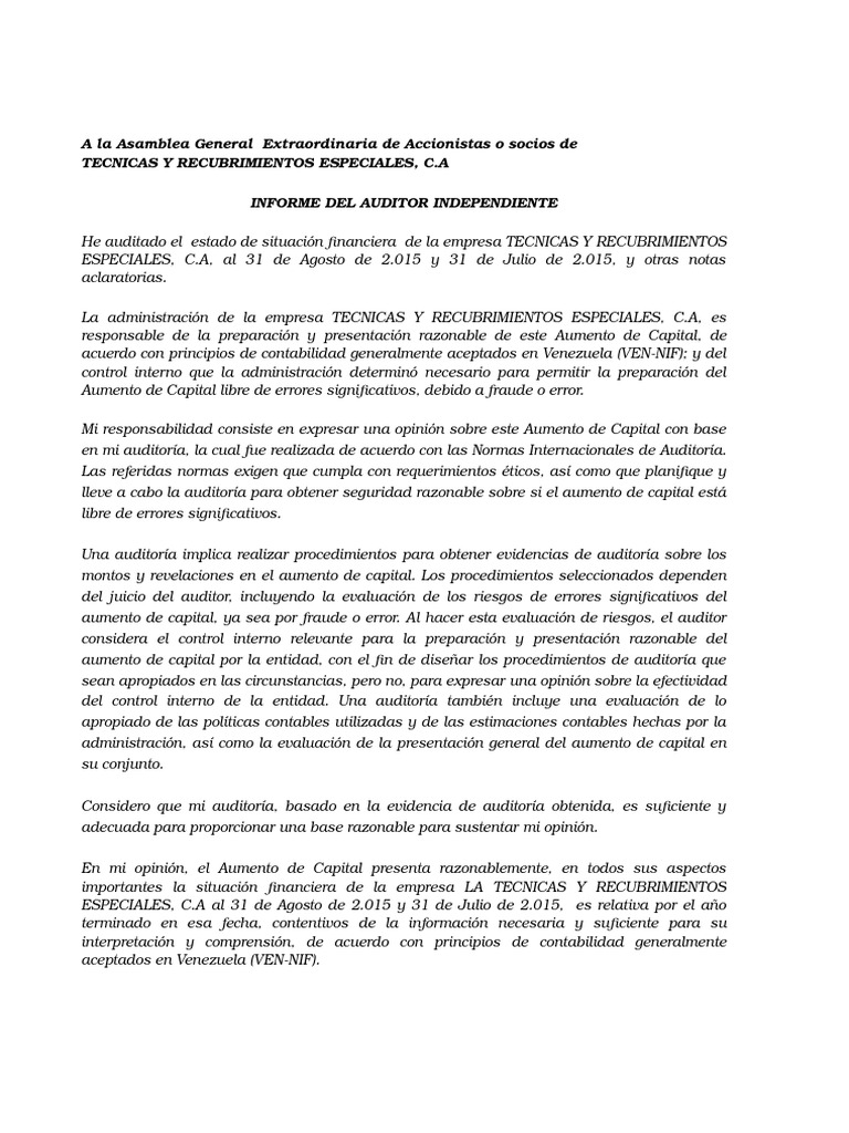 Informe Del Auditor Independiente Aumento de Capital | PDF | Auditoría financiera | Contralor