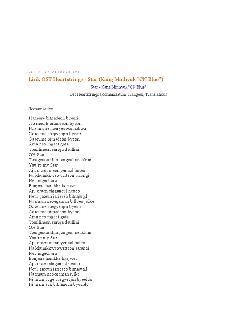 Lirik OST Heartstrings - Star (Kang Minhyuk "CN Blue") | PDF | Art