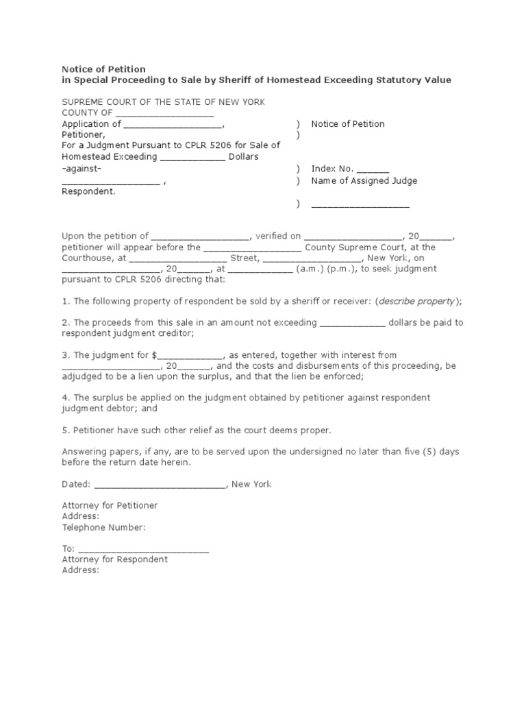 Petition to Enforce Money Judgment Against Real Property CPLR 5206(e ...