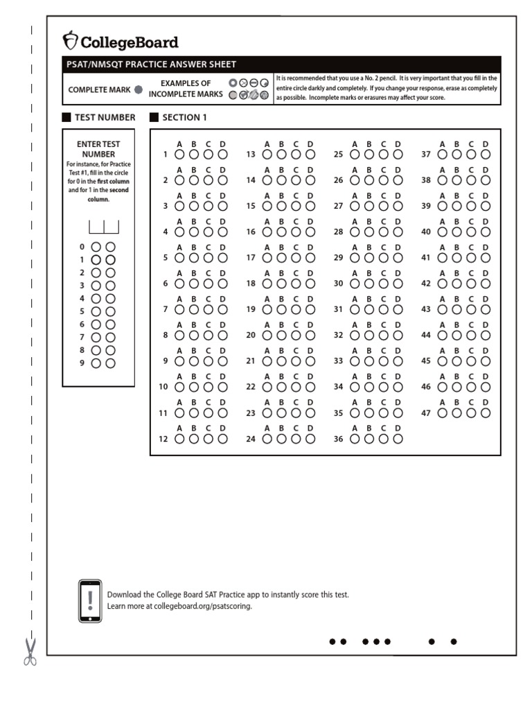 Test Number Section 1: Psat/Nmsqt Practice Answer Sheet | Download Free ...