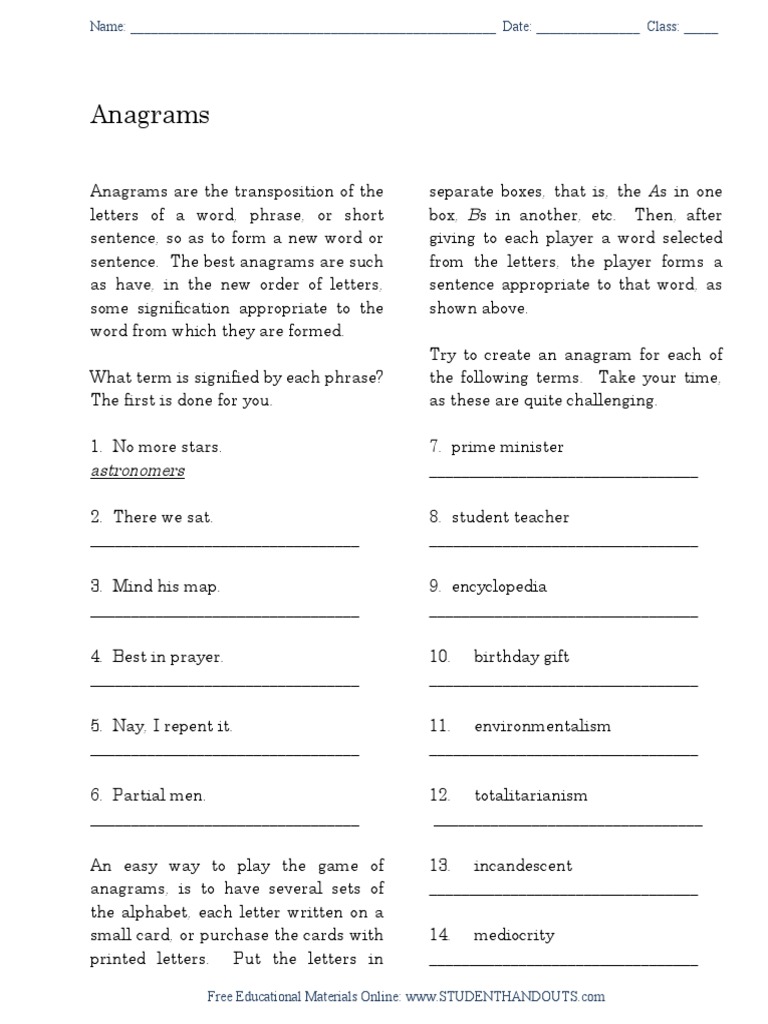 Anagrams Game Worksheet | PDF