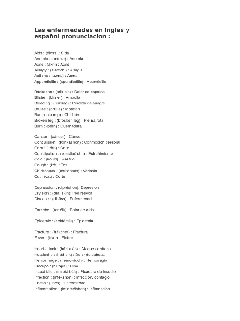 Las Enfermedades en Ingles y Español | PDF