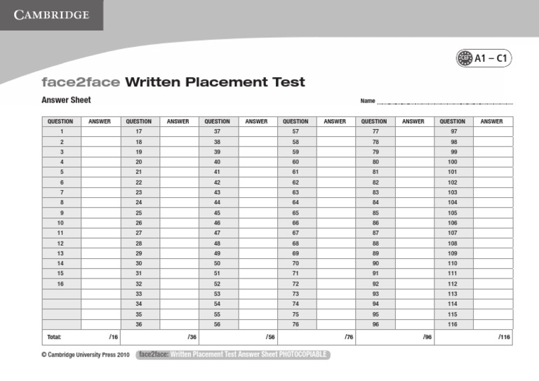 Written Placement Test Answer Sheet PDF | PDF