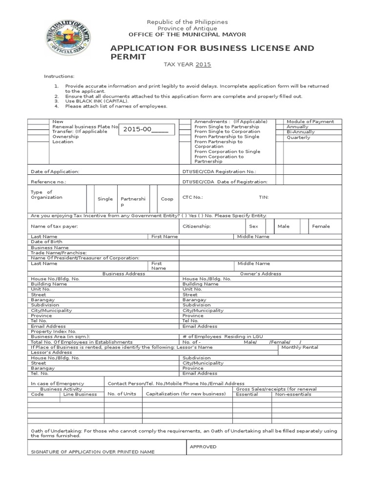 Application for Business License and Permit | Fee | Business | Free 30 ...