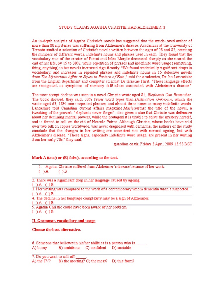 Study Claims Agatha Christie Had Alzheimer | PDF | Novels | Mystery