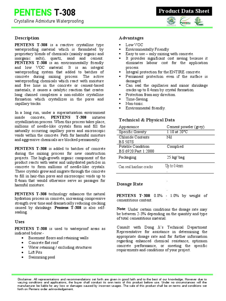 PENTENS T-308 Waterproofing Overview | PDF | Crystallization | Concrete