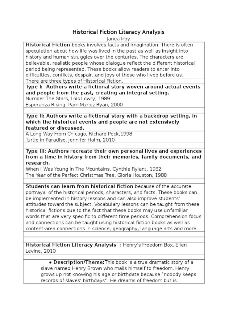 Historical Fiction Literacy Analysis | PDF | Slavery