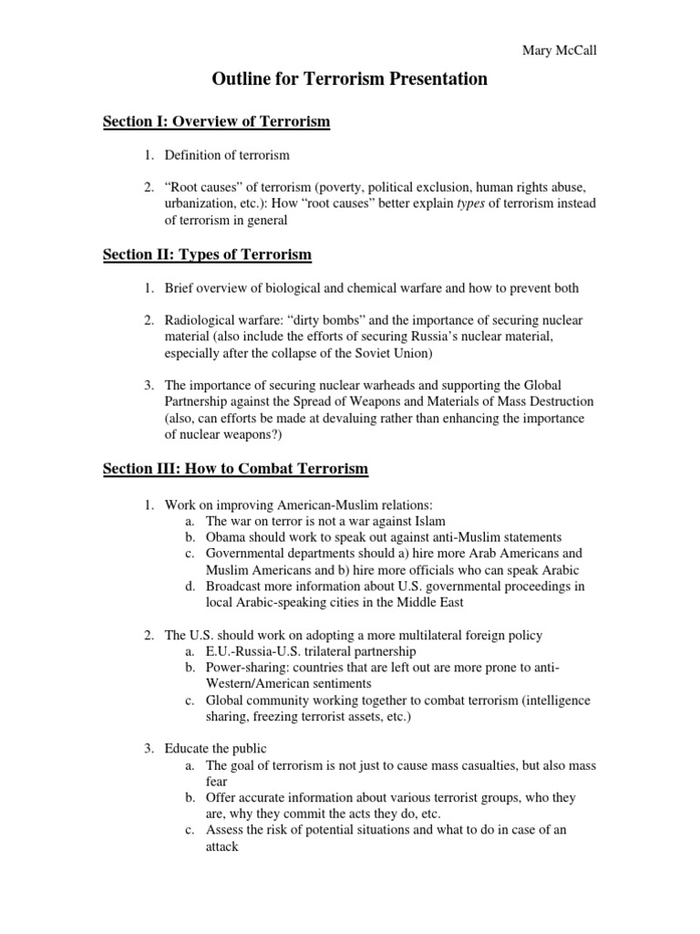 Outline For Terrorism Presentation: Section I: Overview of Terrorism | PDF
