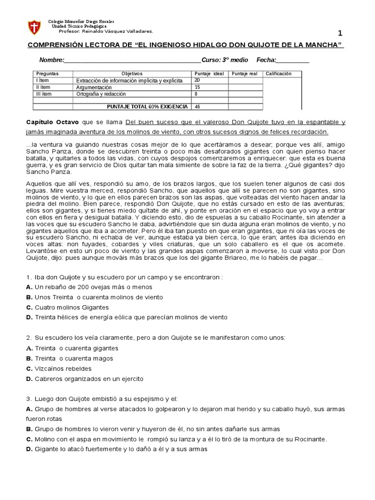 Comprensión Lectora: Don Quijote de la Mancha | PDF | Don Quijote ...
