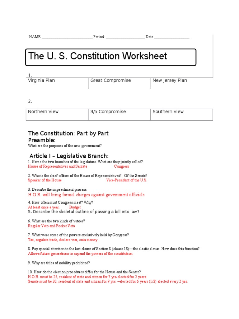 7 Principles Of The Constitution Worksheet