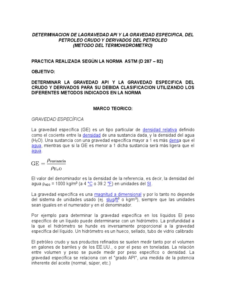 Determinacion de Lagravedad API y La Gravedad Especifica, Del Petroleo ...