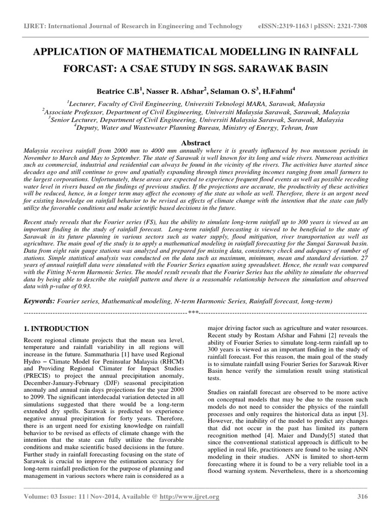 Application of Mathematical Modelling in Rainfall Forcast A Csae Study ...
