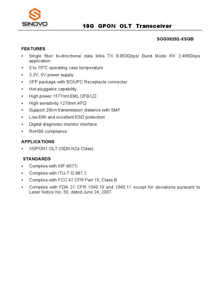 10G XGPON OLT Module Sinovo Telecom | PDF | Power Supply | Decibel