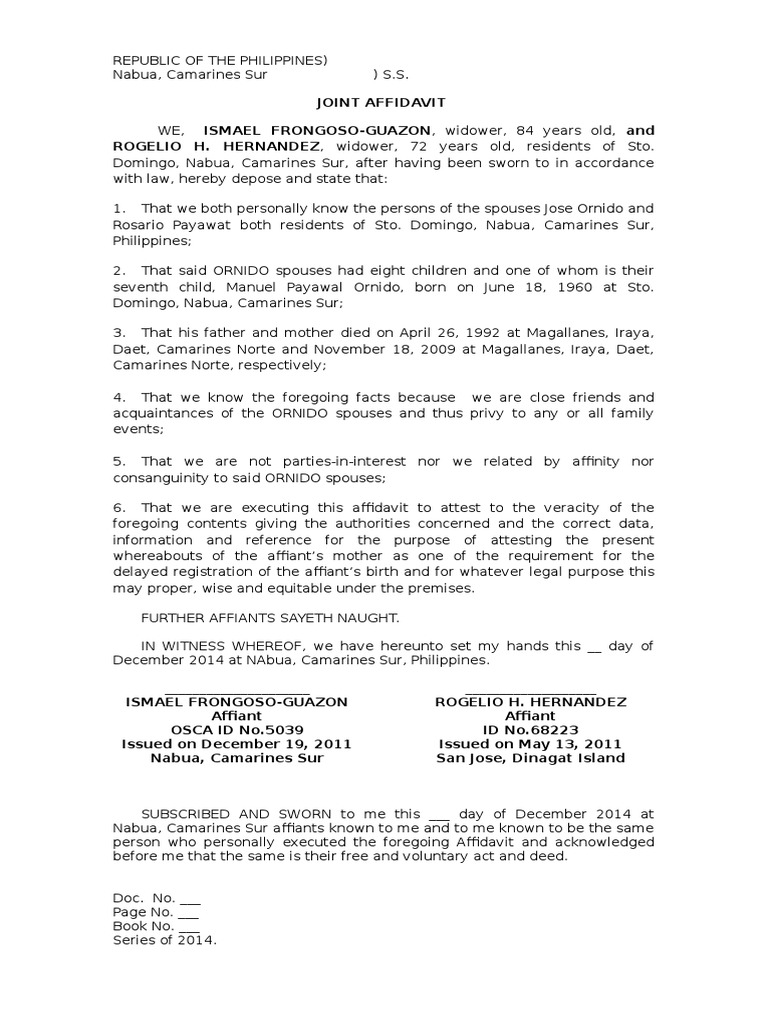 Affidavit Attesting to Whereabouts of Mother