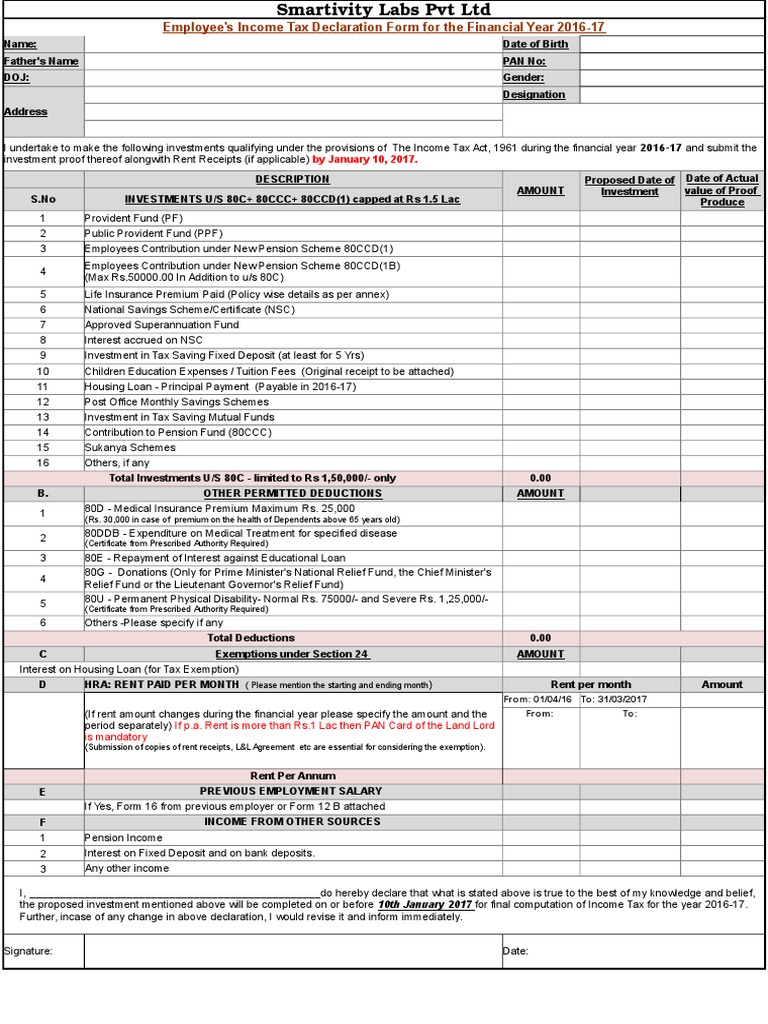 Investment Declaration Form F.Y. 2016-17 | Payments | Economies