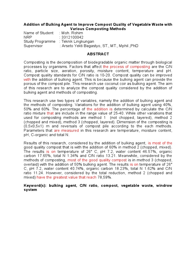 Addition of Bulking Agent To Improve Compost Quality of Vegetable Waste ...