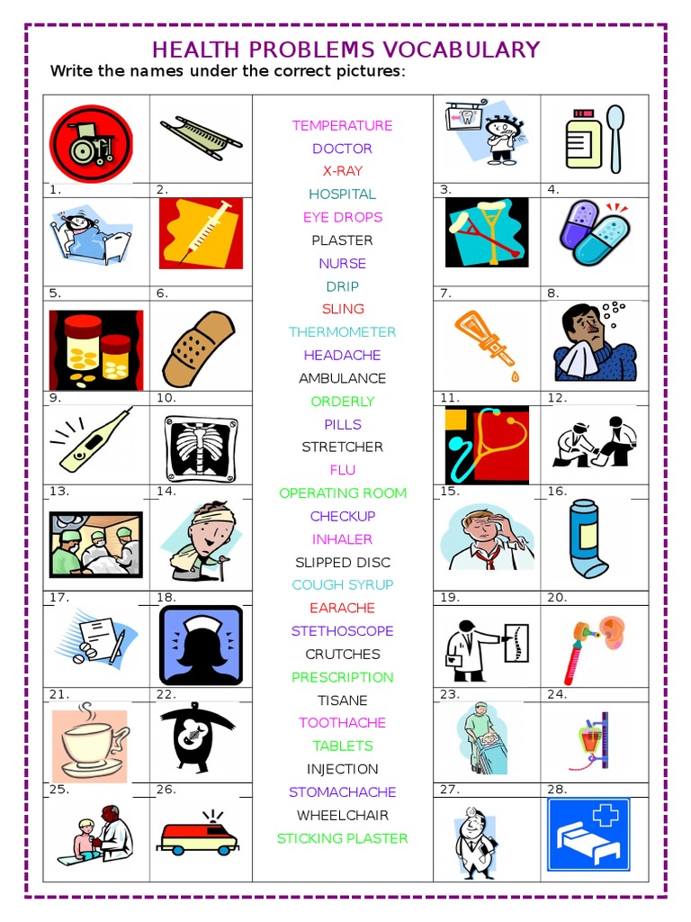 Health Problems Vocabulary: Write The Names Under The Correct Pictures ...