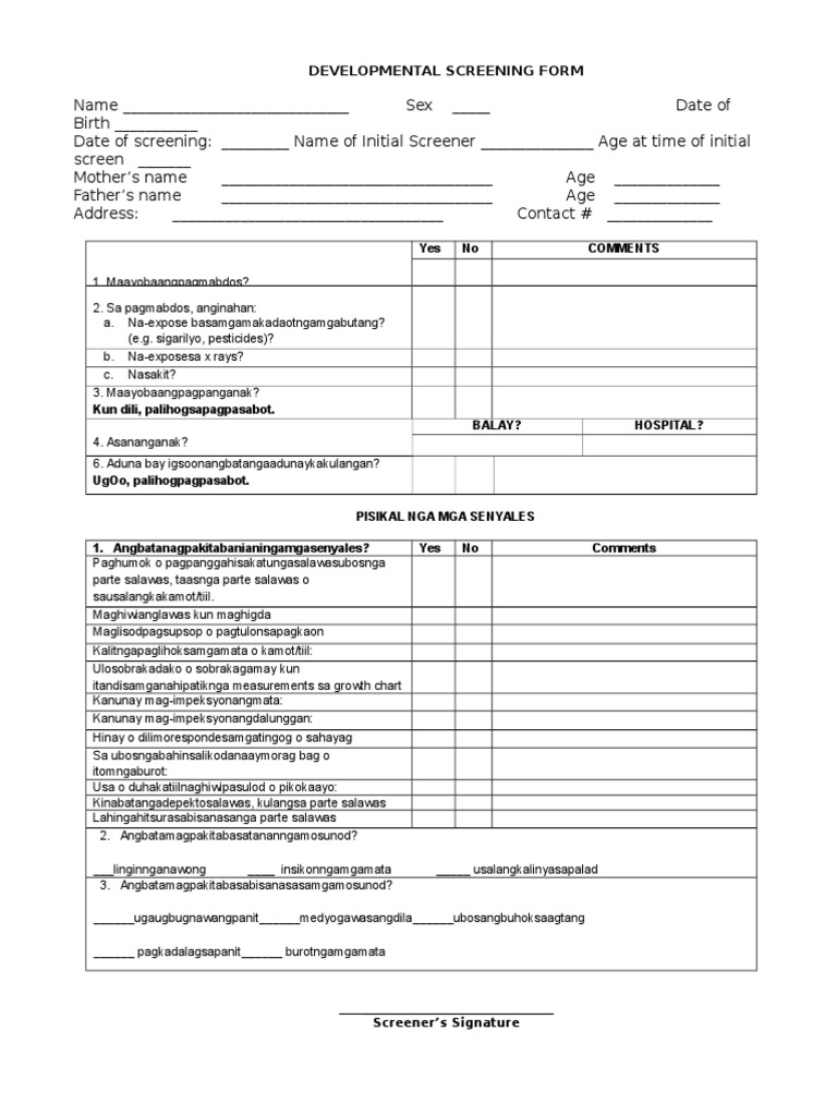 Developmental Screening Form Binisaya 1 | PDF