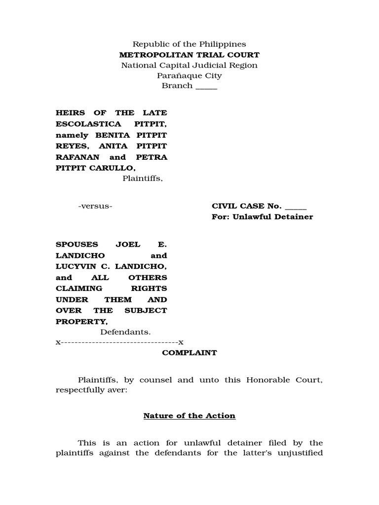 Complaint Ejectment Benita Reyes | PDF | Damages | Complaint