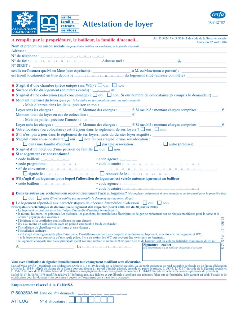 Cerfa 10842-07 Attestation Loyer Residence Foyer Aziz