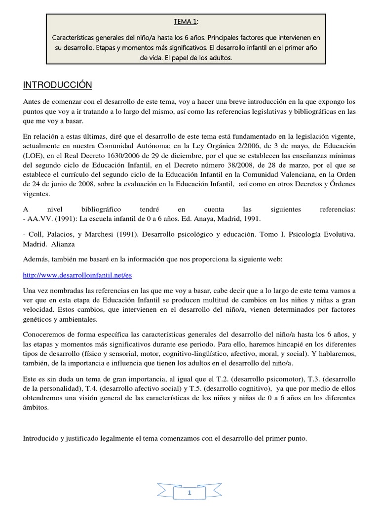 Tema 1 Oposiciones Infantil | PDF | Desarrollo cognitivo | Adultos