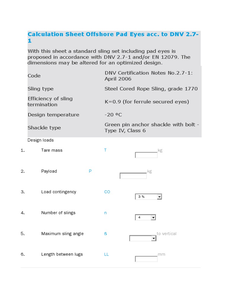 Calculation Sheet Offshore Pad Eyes | PDF