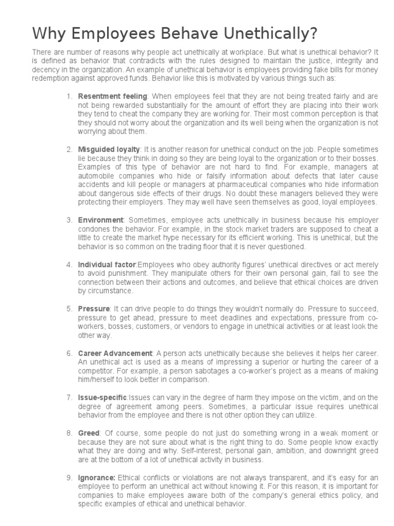 Why Employees Behave Unethically | PDF | Obedience (Human Behavior) | Behavior