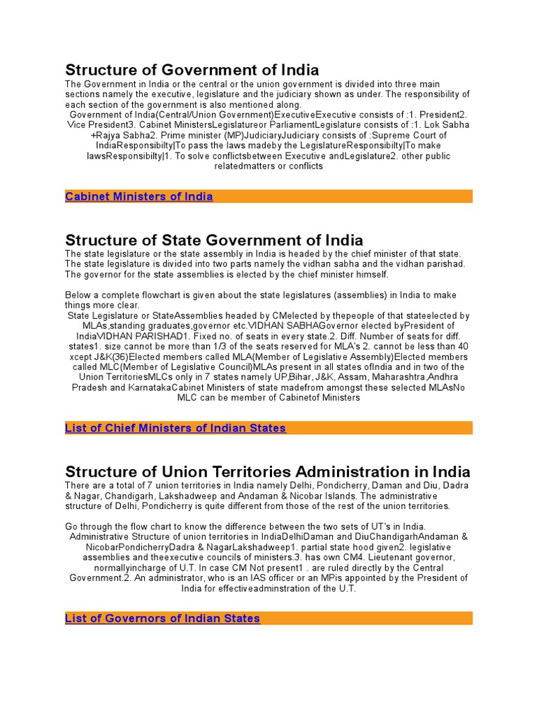 Structure of Government of India | PDF | Government Of India | Public Law