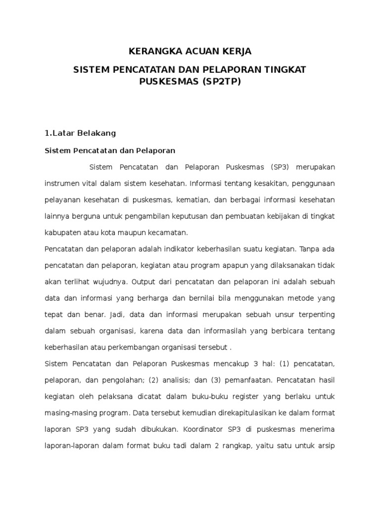 Kerangka Acuan Kerja Sp2tp | PDF