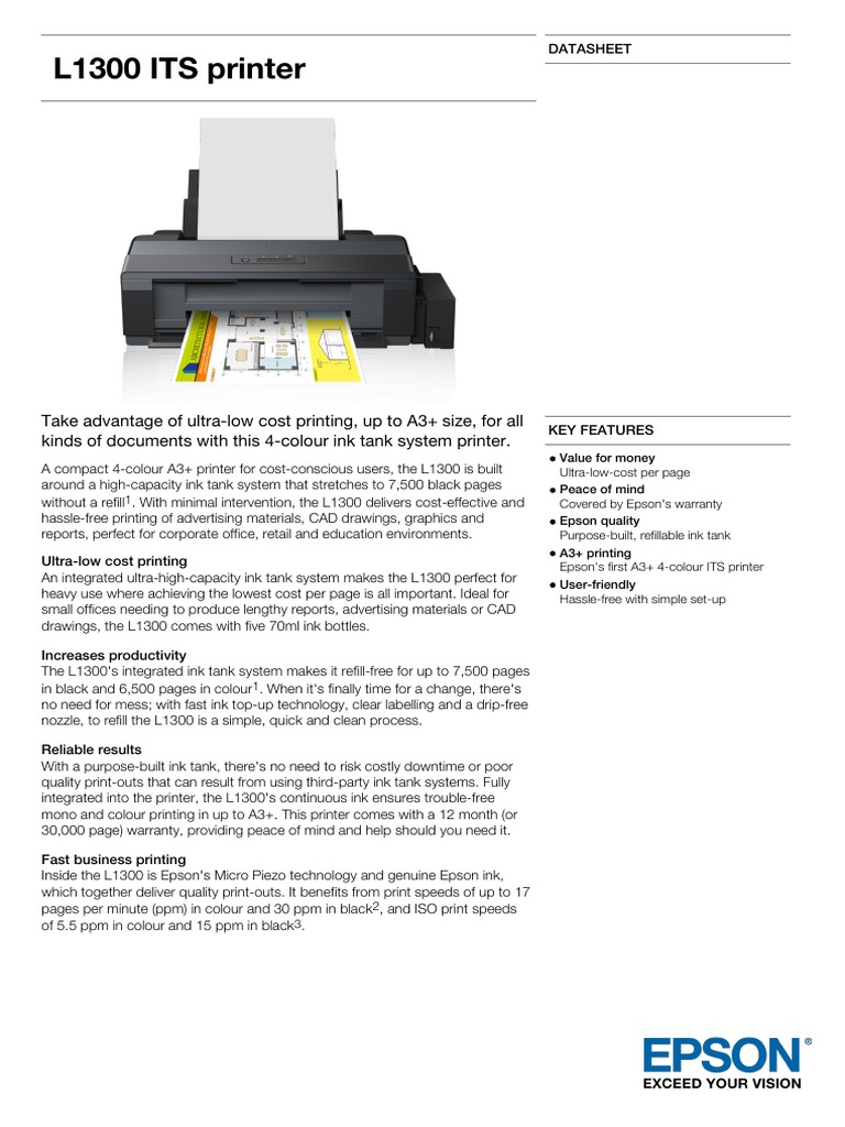 Epson L1300 A3 Colour Inkjet Tank System Printer Datasheet | Printer ...