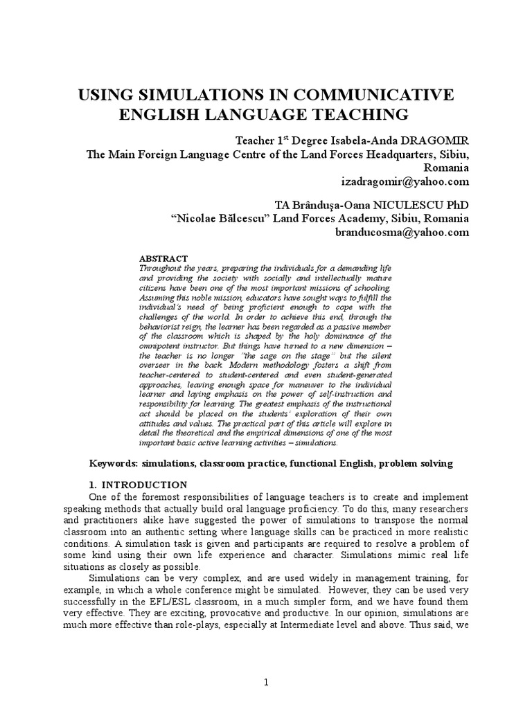 USING SIMULATIONS IN COMMUNICATIVE ENGLISH LANGUAGE TEACHING - Buletin ...