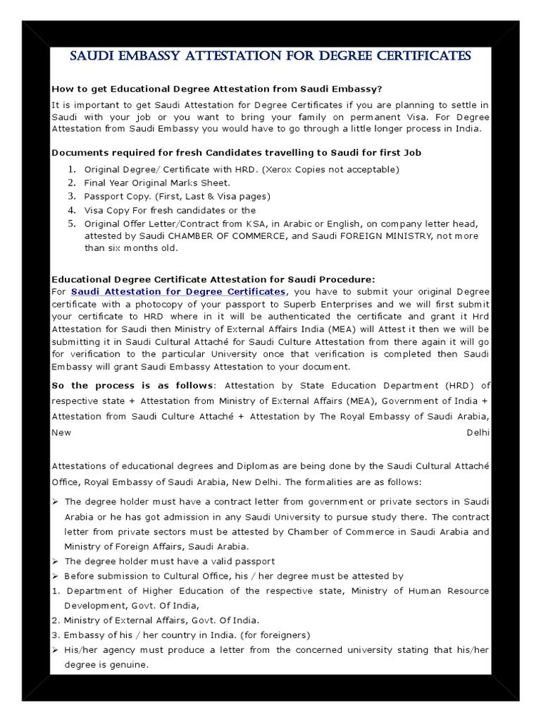 Saudi Embassy Attestation For Degree Certificates | PDF | Travel Visa ...