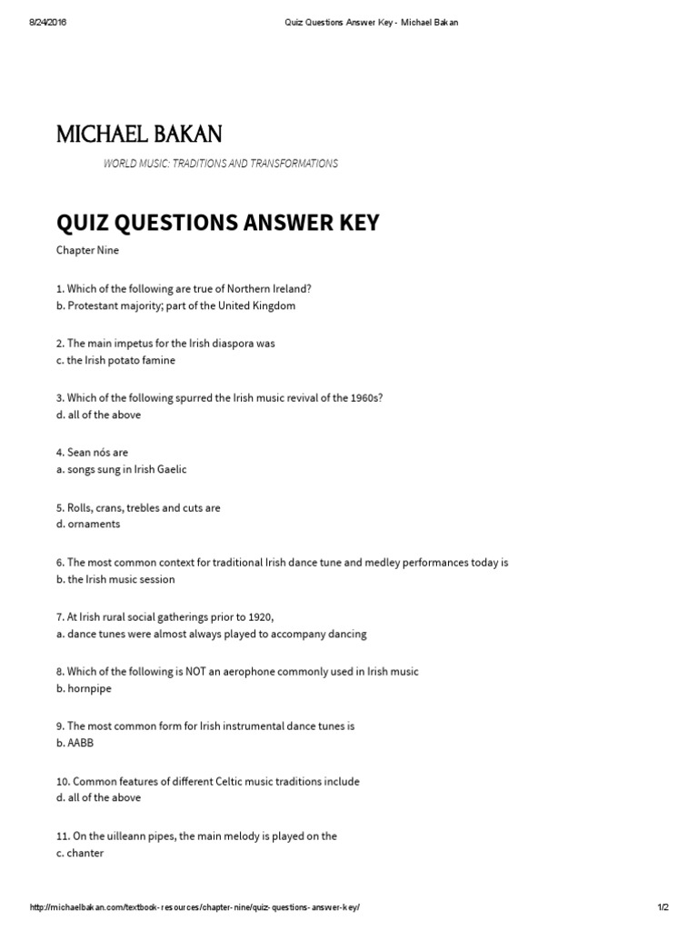 Quiz Questions Answer Key - Michael Bakan (CH 9) | PDF