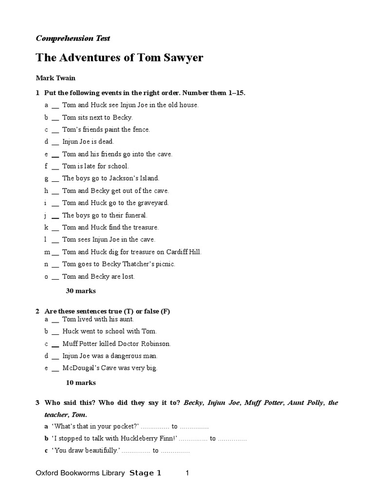 Oxford Bookworms Test Tom Sawyer | PDF | The Adventures Of Tom Sawyer