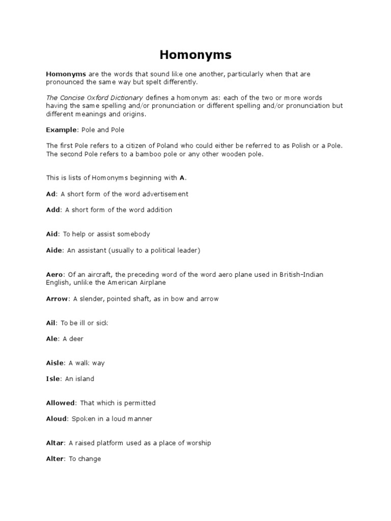 A Complete List of Homonyms | PDF | Fineness | Bow And Arrow