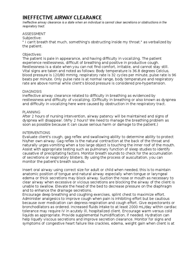 Ineffective Airway Clearance Nursing Care Plan | Respiratory Tract | Respiratory System