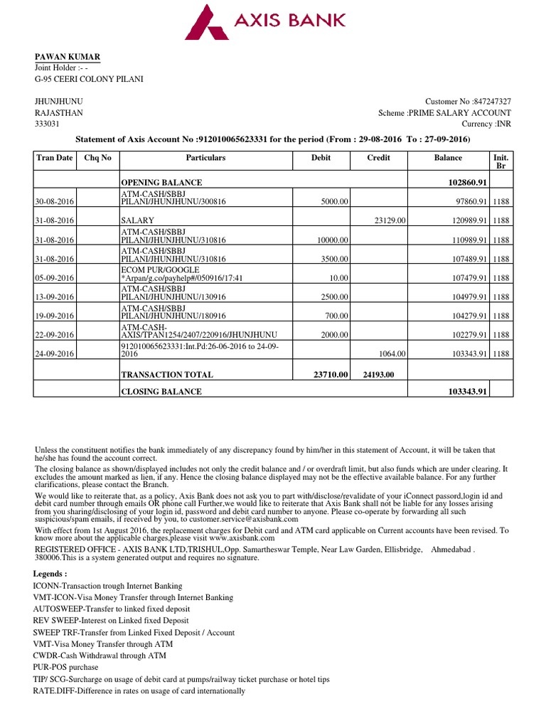 Statement of Axis Account No:912010065623331 For The Period (From: 29 ...