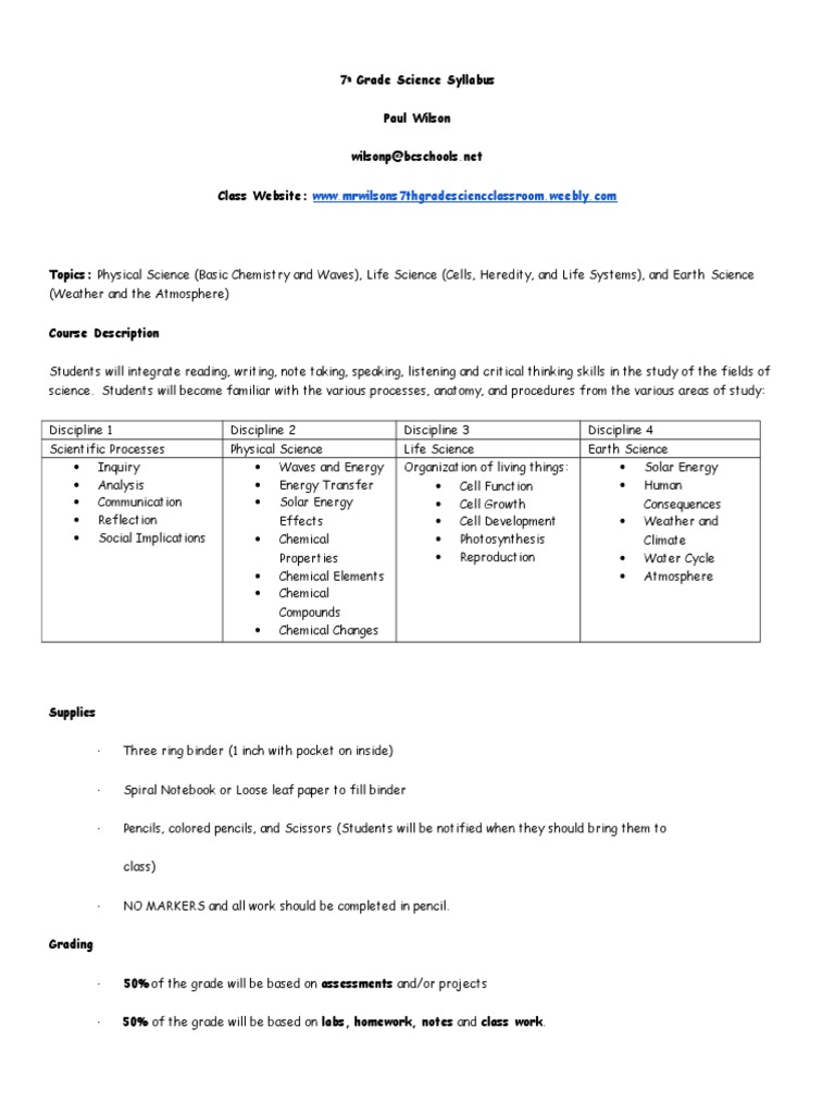 7th Grade Science Course Overview | PDF | Homework | Science