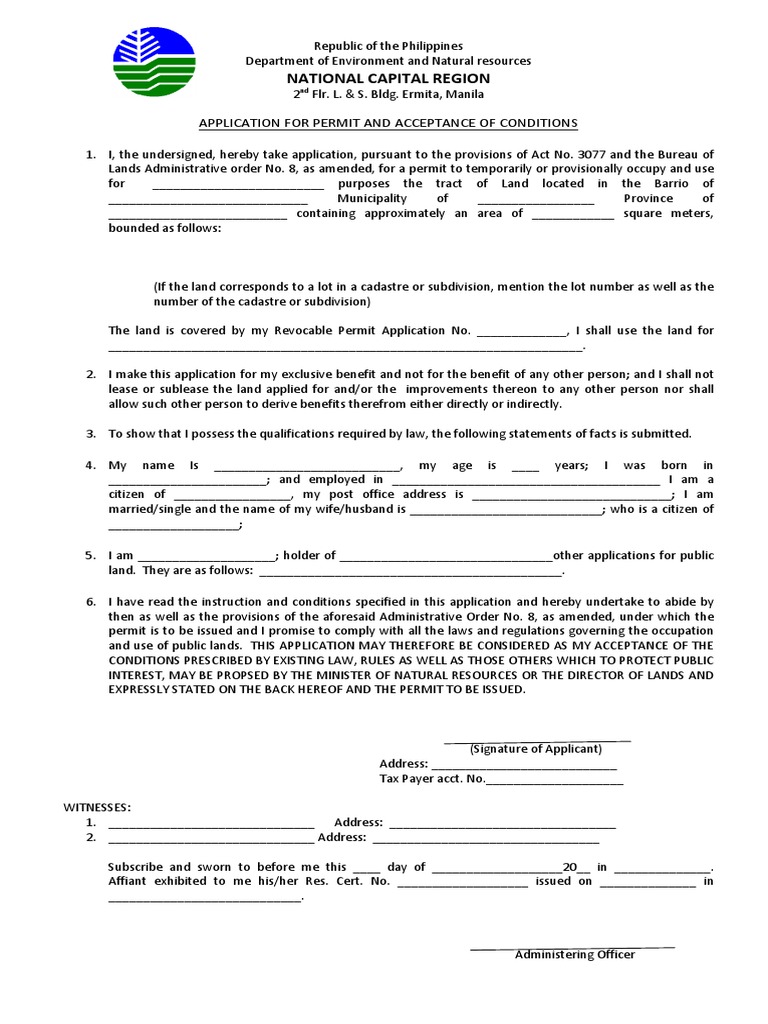 National Capital Region: Application For Permit and Acceptance of ...