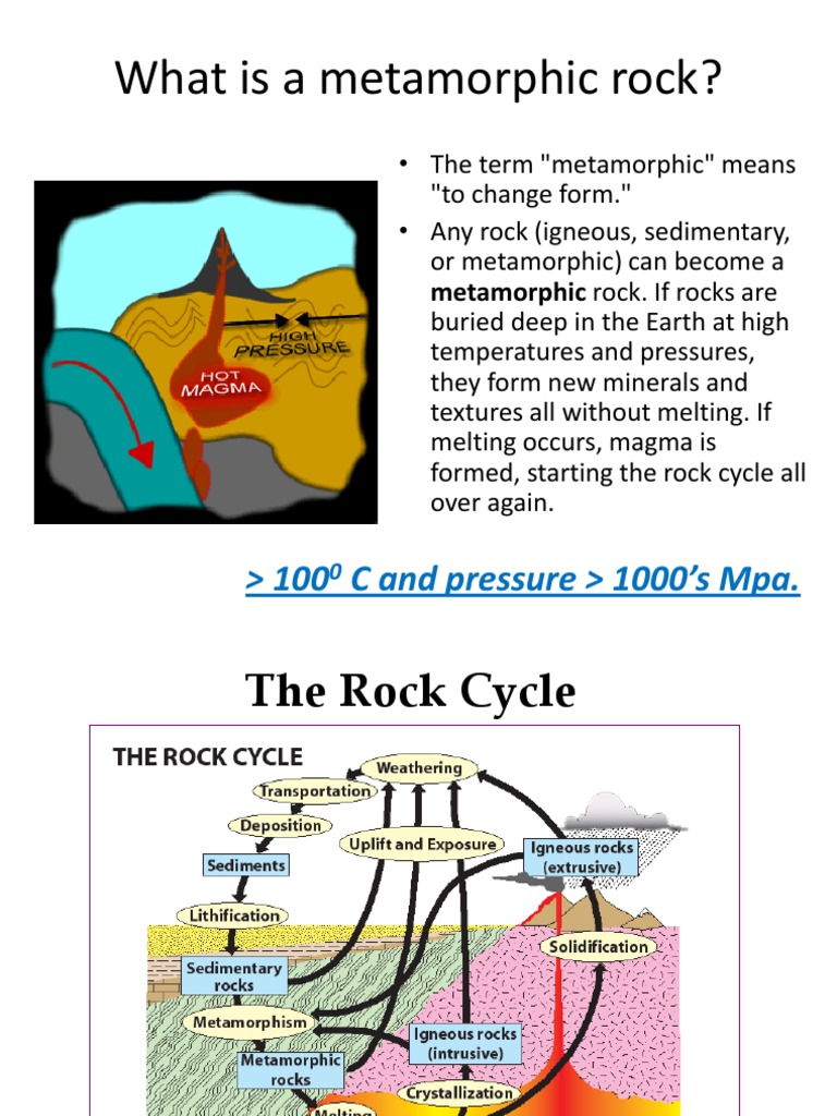 What is a metamorphic rock?: > 100 C and pressure > 1000’s Mpa