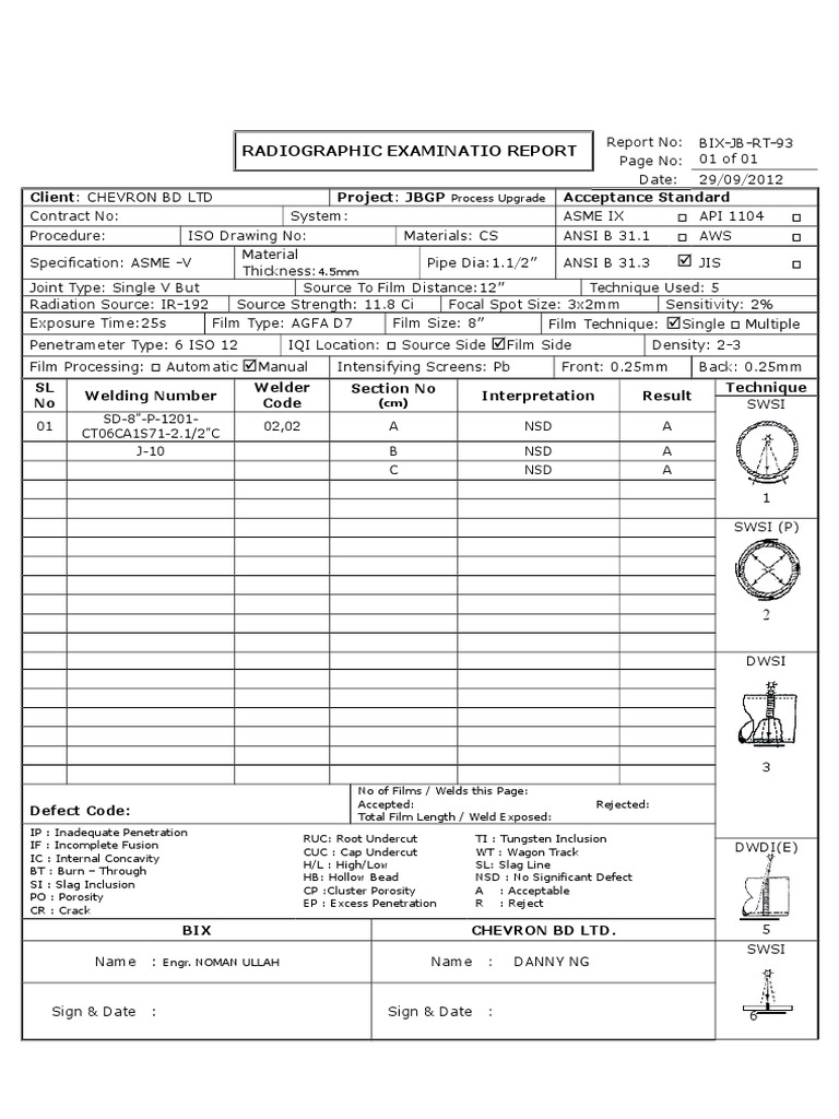 Radiographic Examinatio Report: Client: Chevron BD LTD Project: JBGP ...