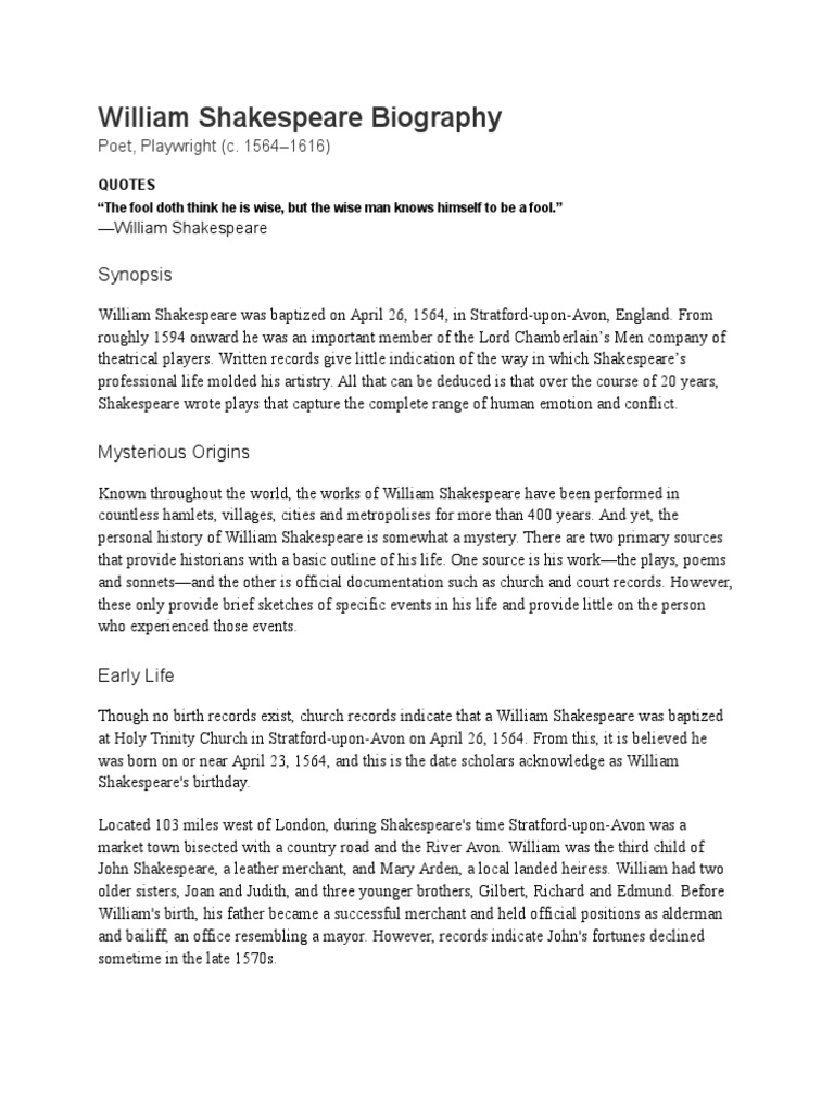 William Shakespeare: Life and Works Summary | PDF | William Shakespeare ...