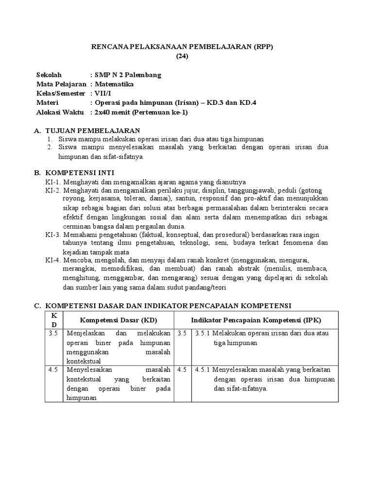 RPP HIMPUNAN (KD 3.5) 1. Operasi Himpunan - Irisan Dan Gabungan | PDF ...
