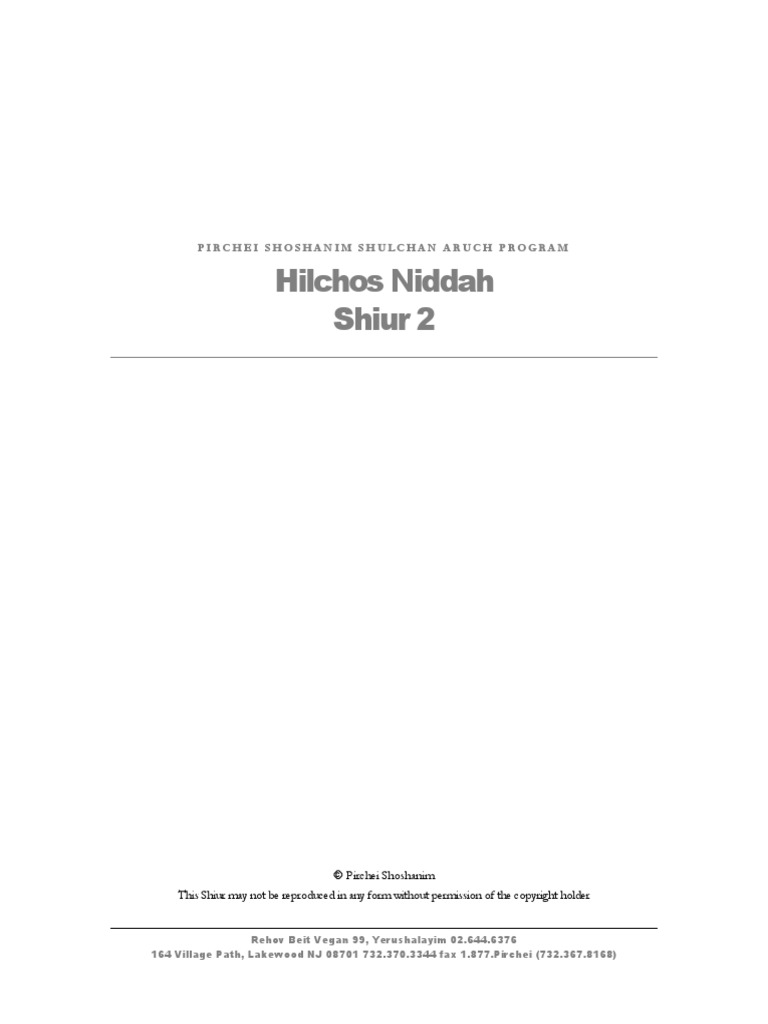 Hilchos Niddah Shiur 2: Pirchei Shoshanim Shulchan Aruch Program | PDF | Jewish Law | Jewish ...