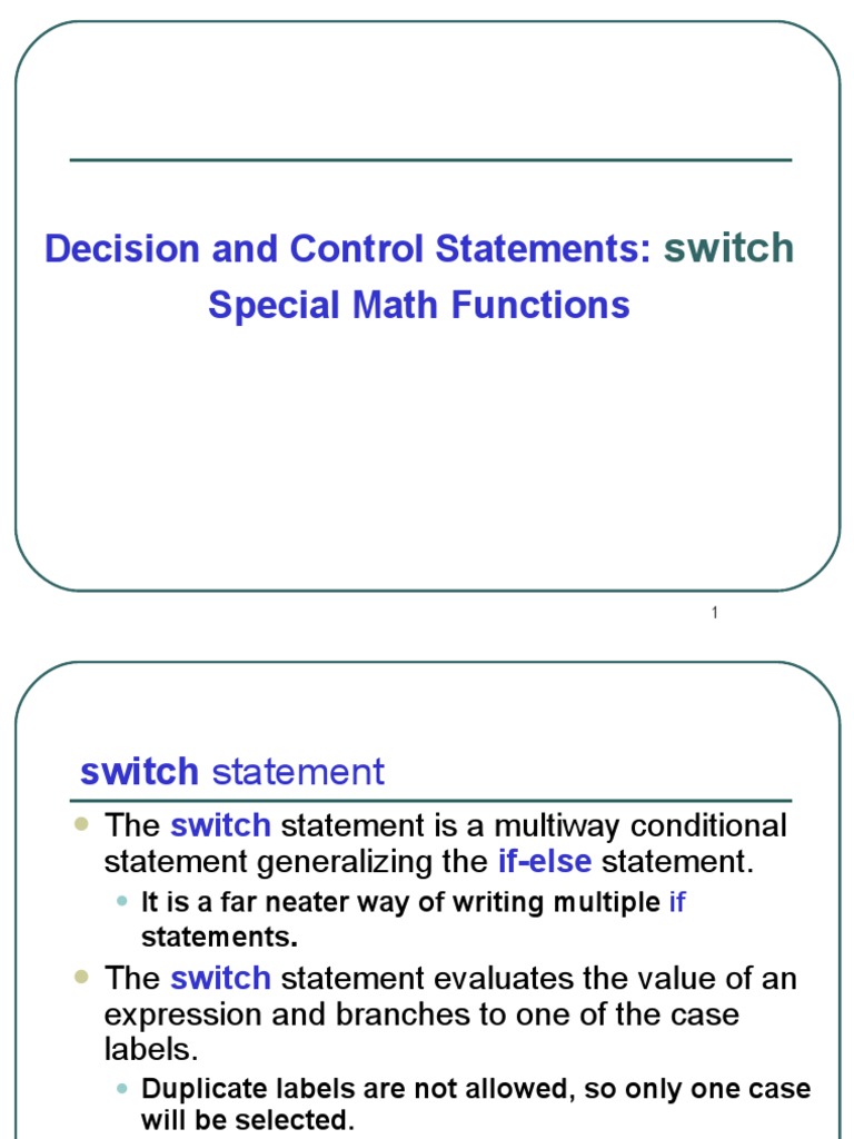 Switch Decision And Control Statements Special Math Functions PDF