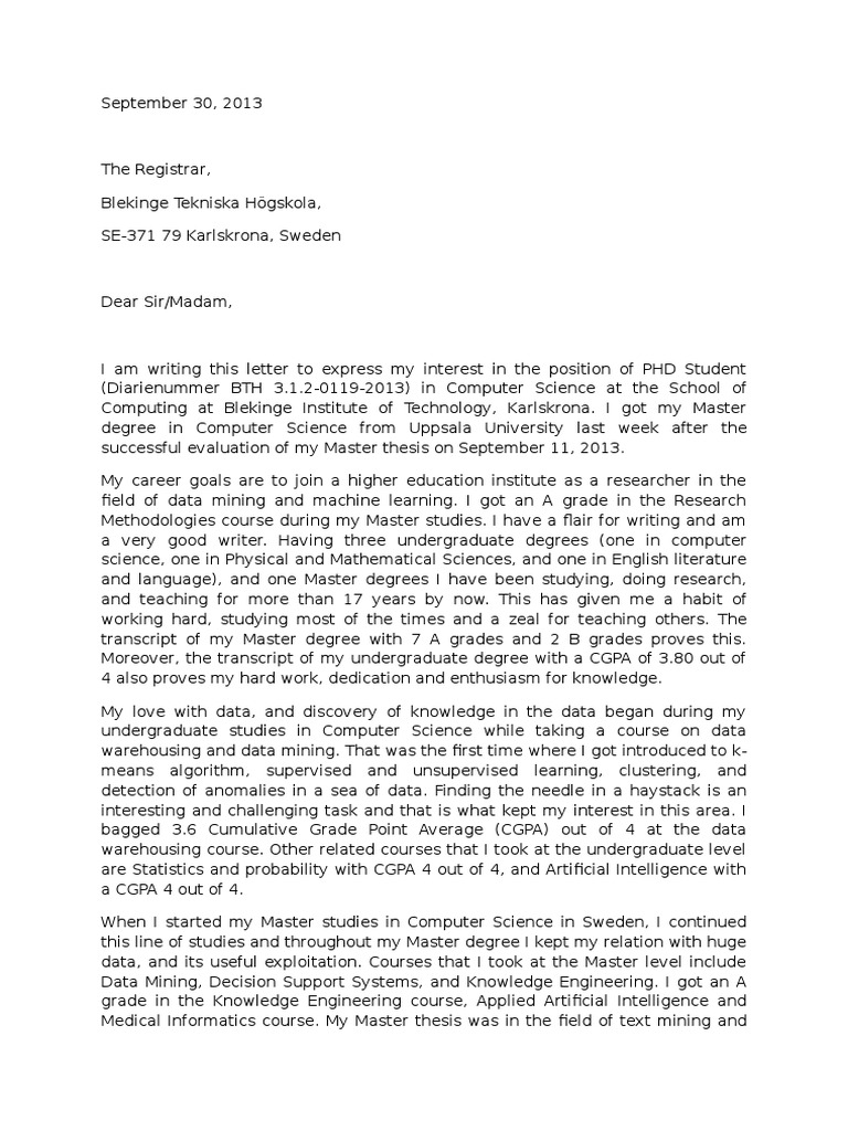 Letter of Interest For Position at BTH | PDF | Cluster Analysis | Data ...