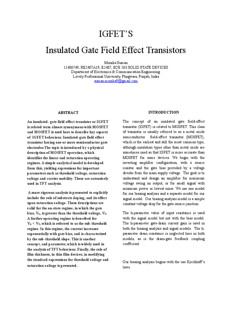 Igfet'S Insulated Gate Field Effect Transistors | Download Free PDF ...